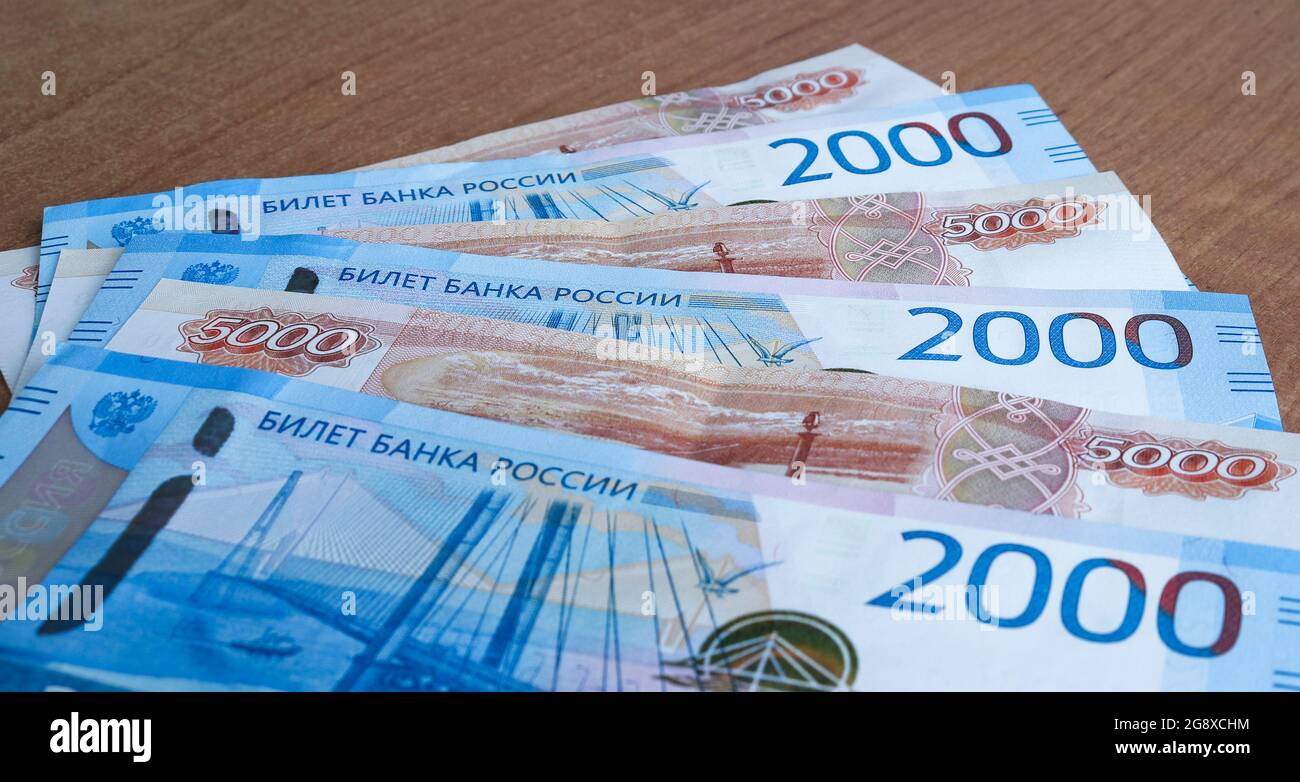 Russian rubles money background. Bills of 2000 and 5000 rubles ...