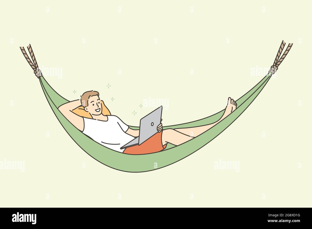Distant work freelance and rest concept. Young smiling man cartoon ...