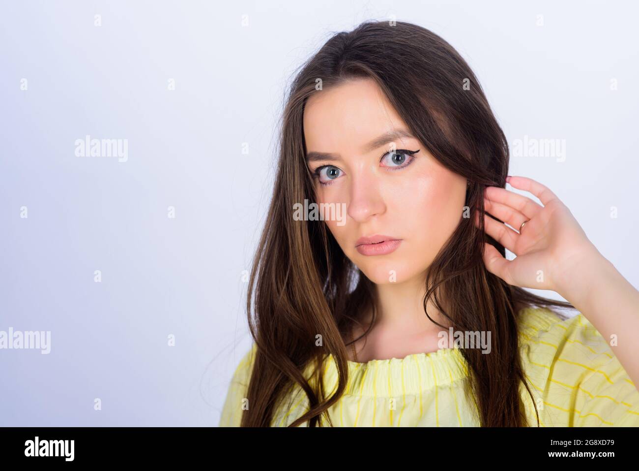 Glowing with natural beauty. Portrait of attractive woman long hair ...
