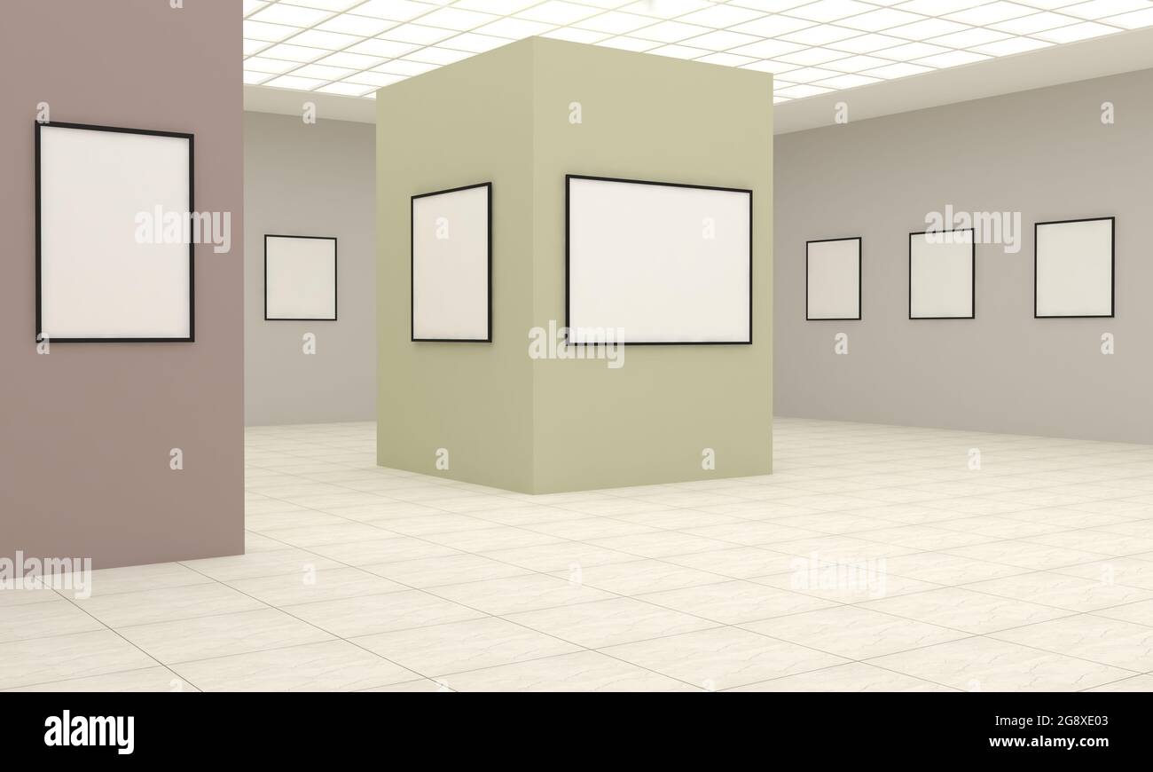 3D rendering of an art gallery with empty frames for pictures Stock ...