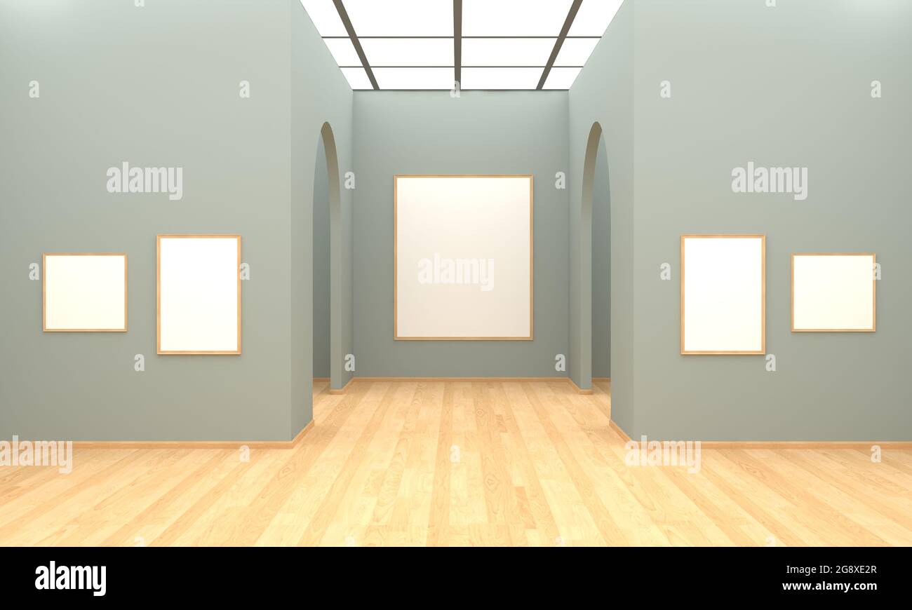 3D rendering of an art gallery with empty frames for pictures Stock ...