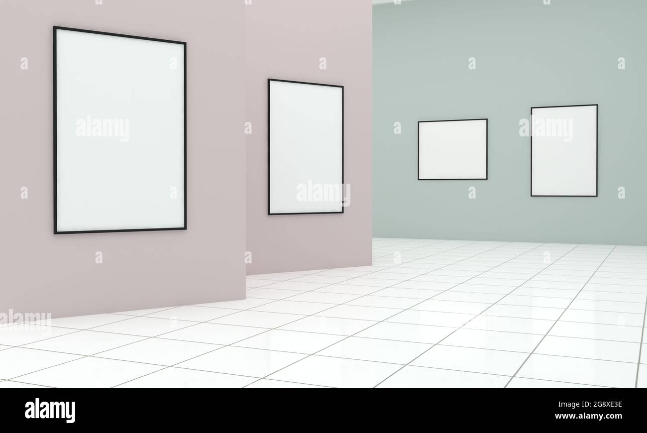 3D rendering of an art gallery with empty frames for pictures Stock ...