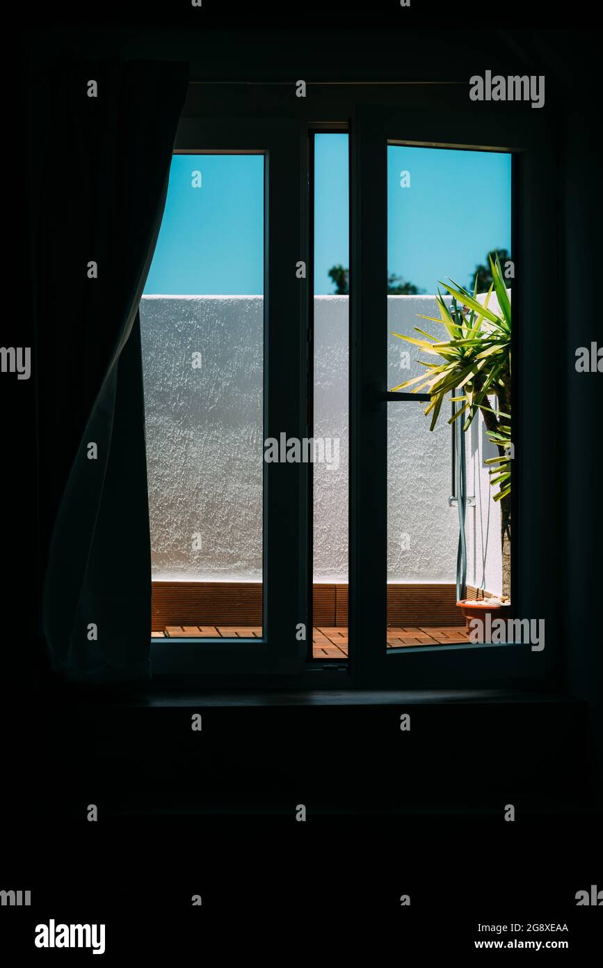 View from the inside to the fenced open-air shower area with a plant ...