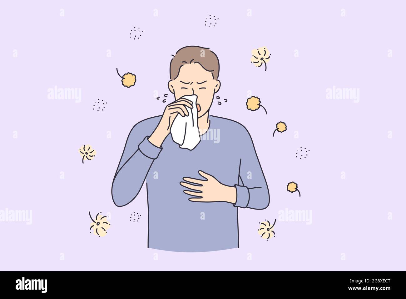 Allergy reaction, medicine and healthcare concept. Man cartoon character having pollen allergy ...