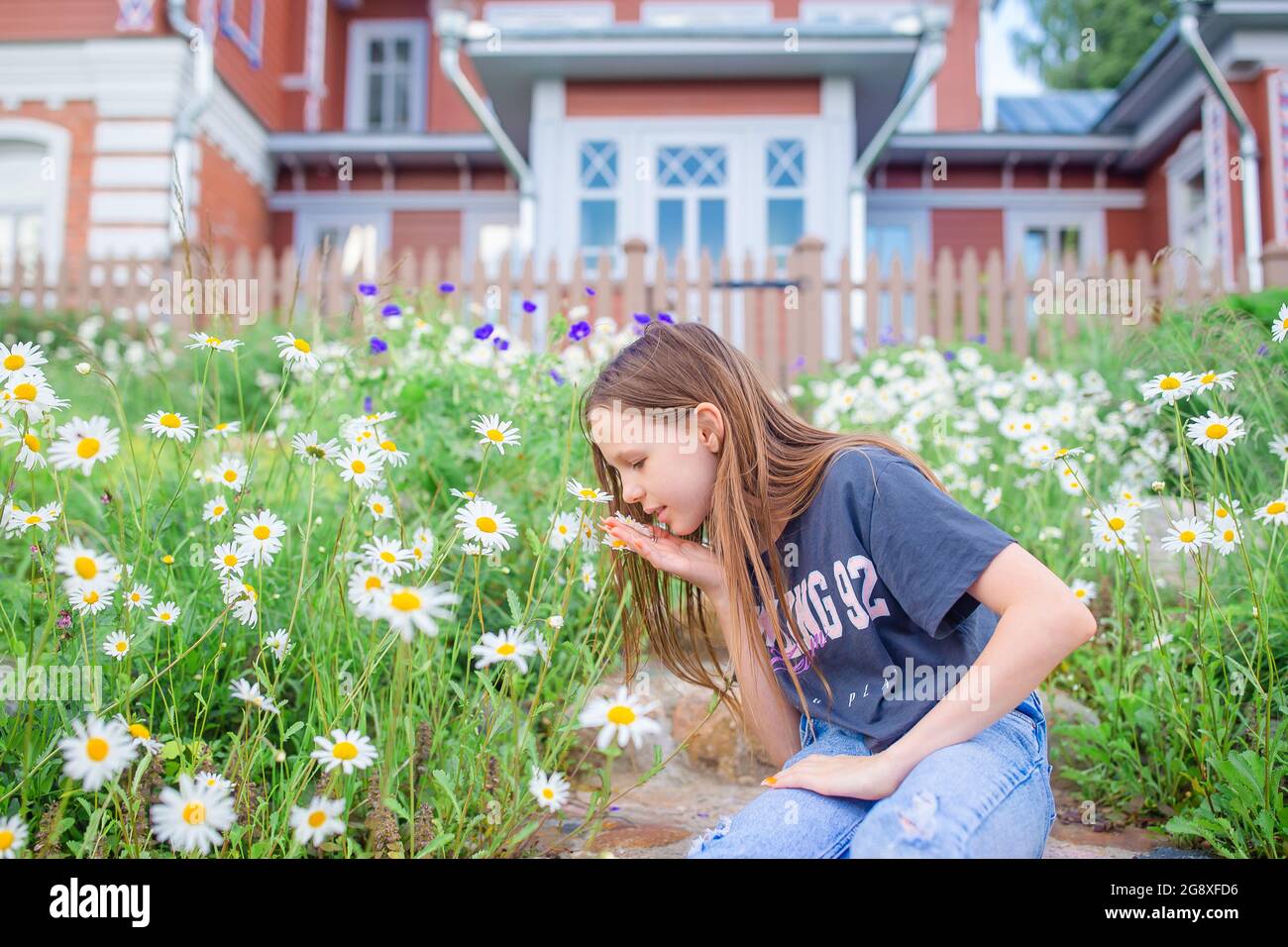 Little blonde girl pick flowers in a meadow full of chamomiles Stock ...