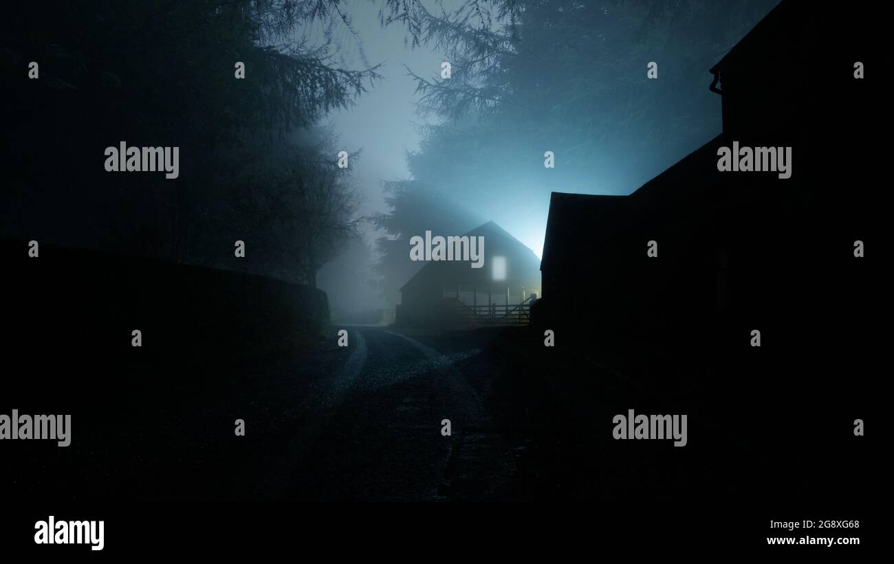 A horror concept of a house with a light in the window. In a spooky ...