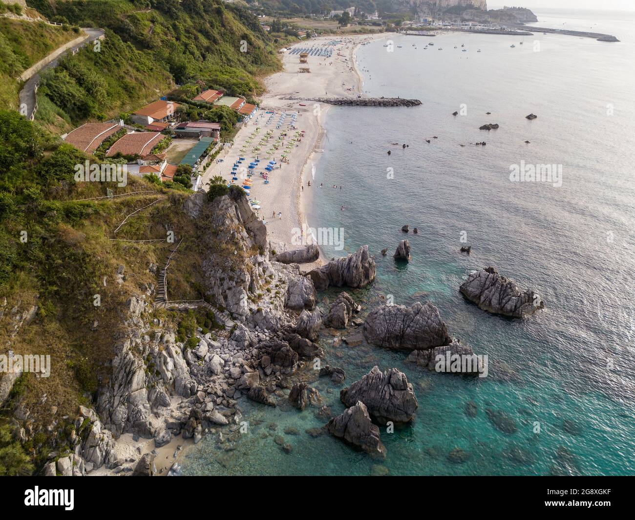 Aerial view of a beach and umbrellas. Tropea, Calabria, Italy ...