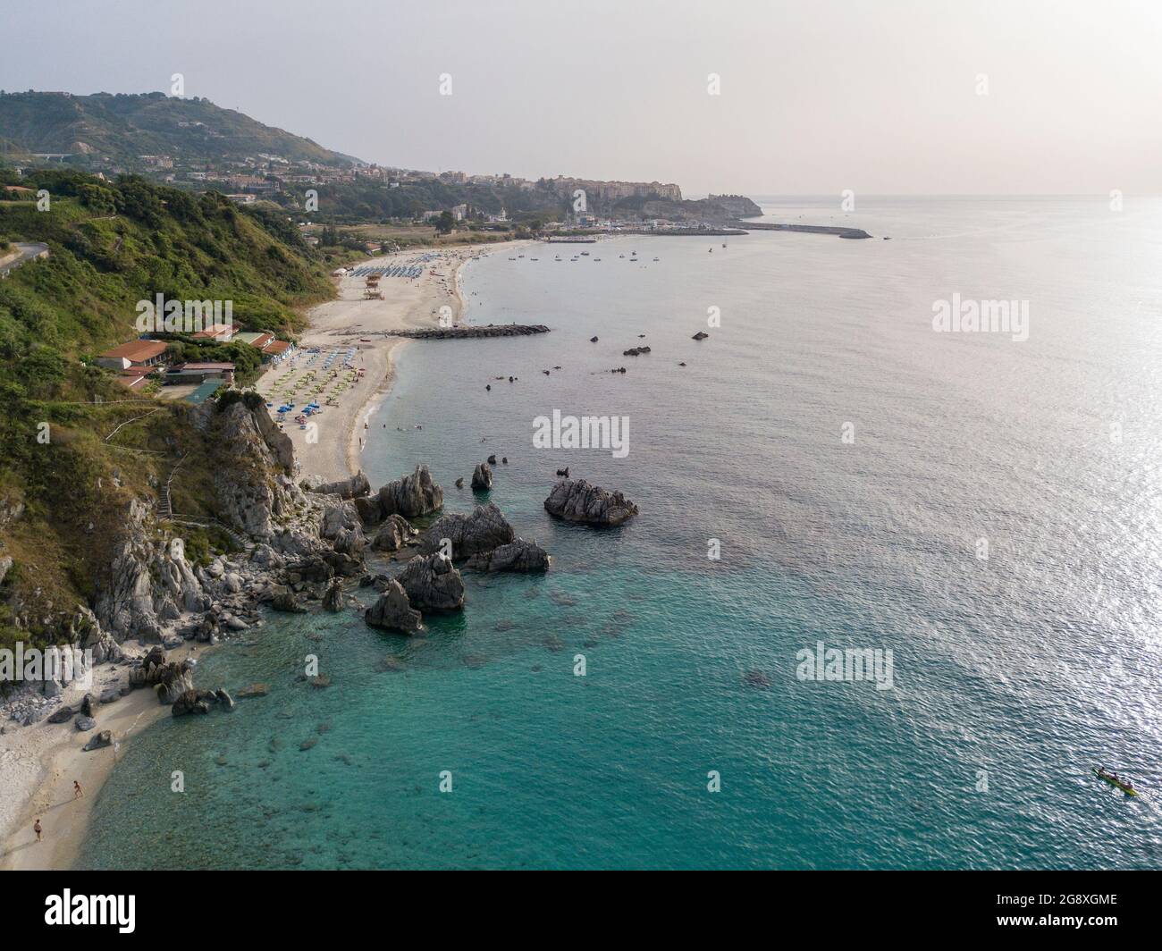 Aerial view of a beach and umbrellas. Tropea, Calabria, Italy ...