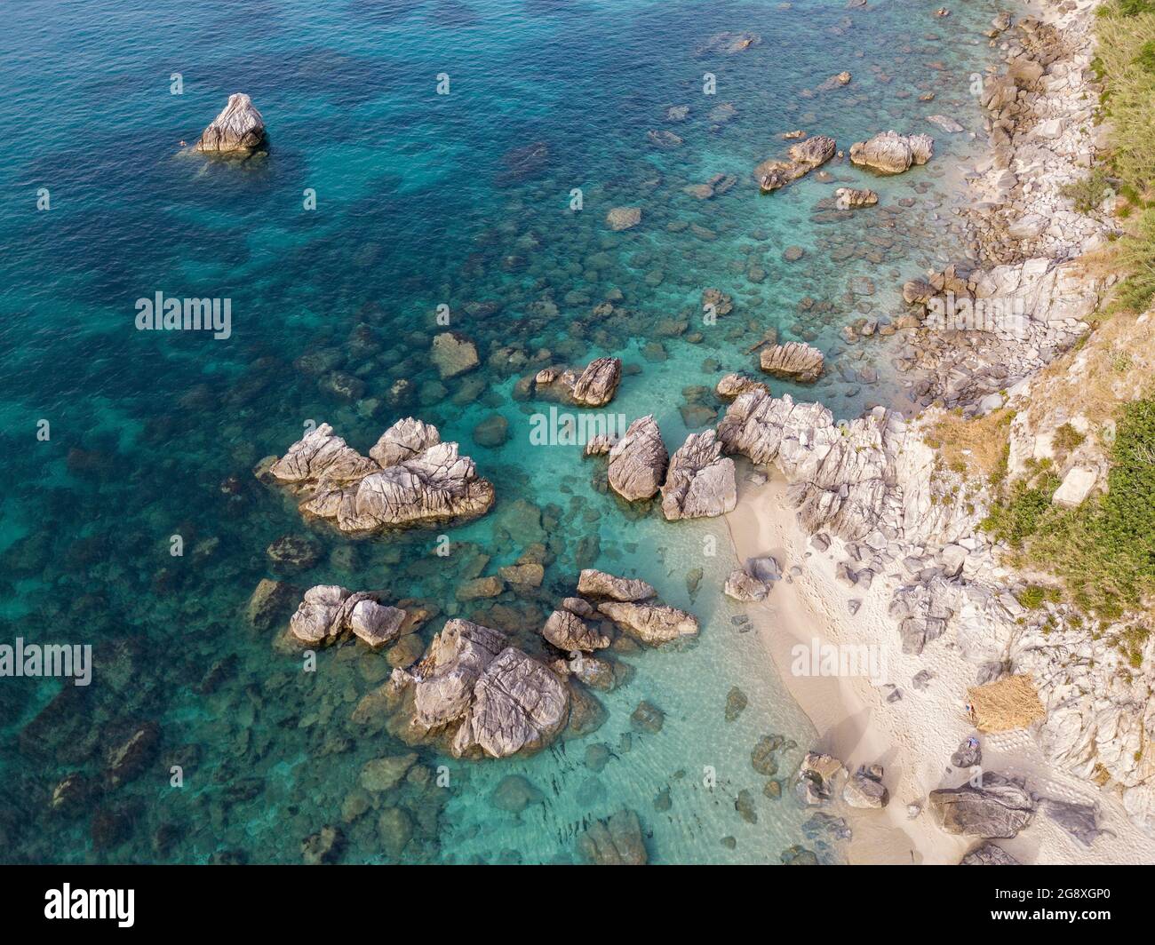 Aerial view of a beach and umbrellas. Tropea, Calabria, Italy ...