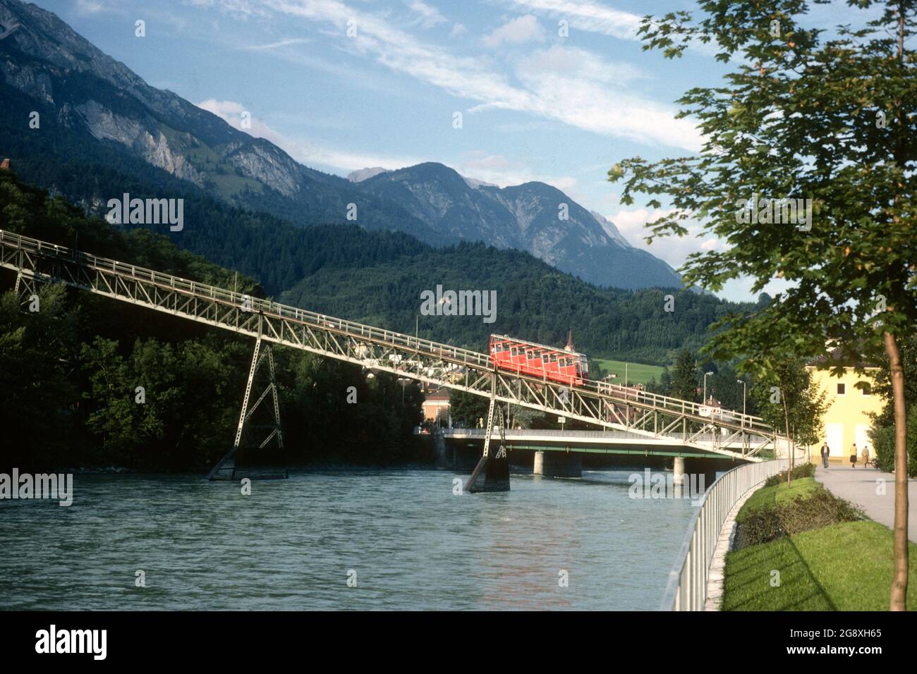 Hungerburgbahn funicular railway crossing the River Inn in 1981 ...