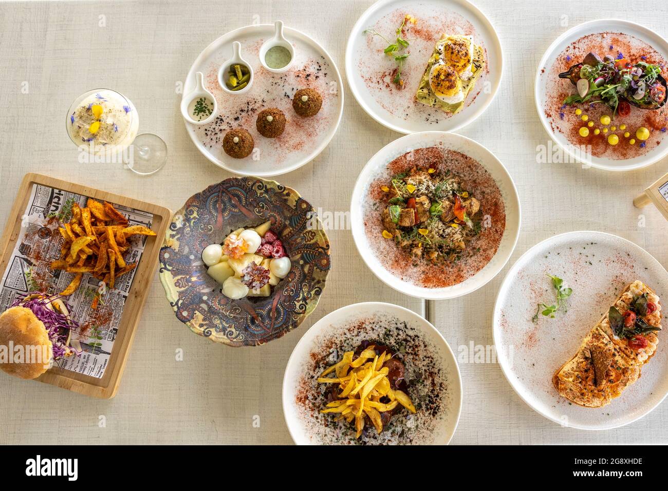 Top view of fresh breakfast and lunch table Stock Photo - Alamy