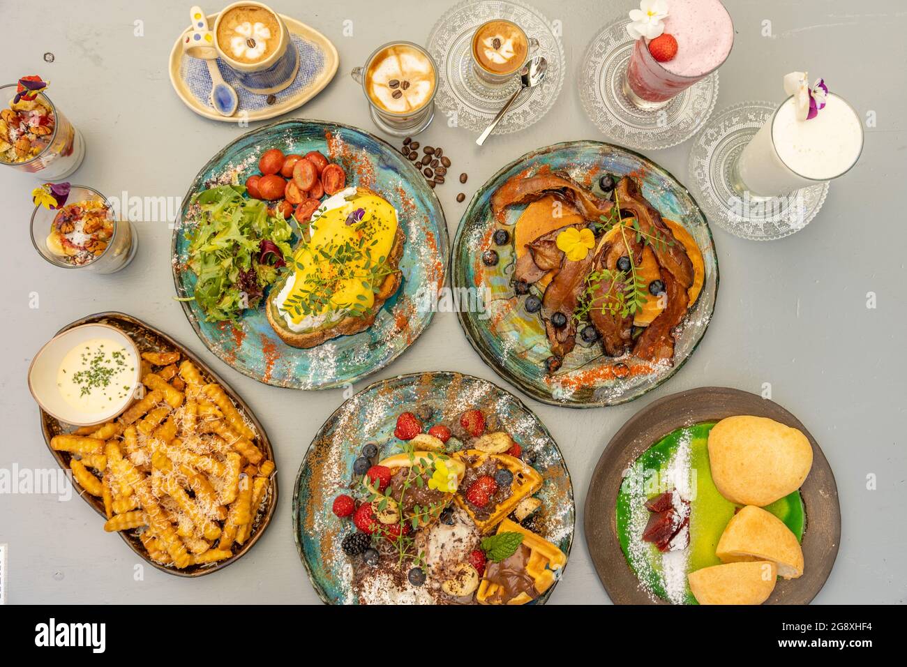 Top view of fresh breakfast and lunch table Stock Photo - Alamy