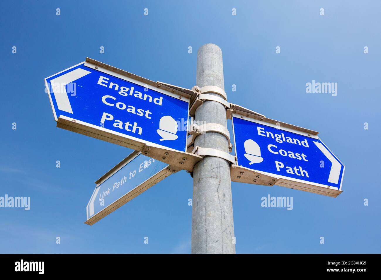 Signs for the England coast path on Walney Island, Cumbria, UK Stock ...