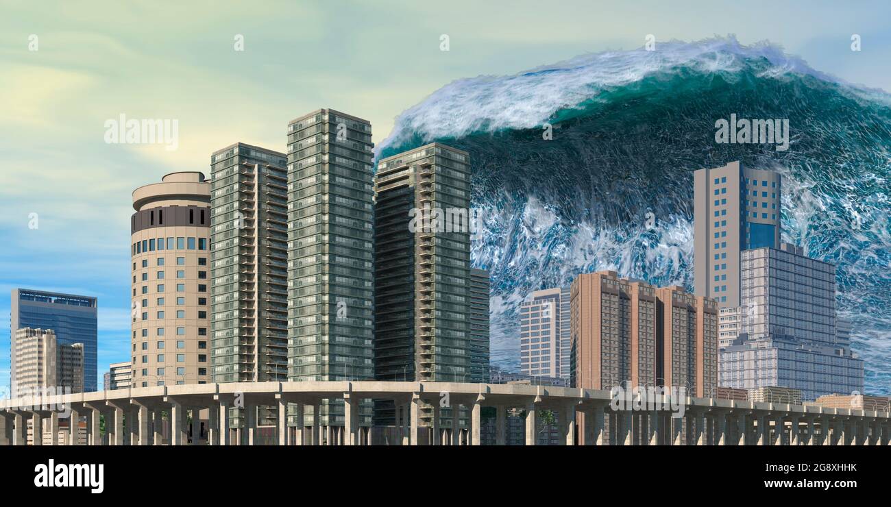 3D illustration tsunami wave apocalyptic water view urban flood Storm ...