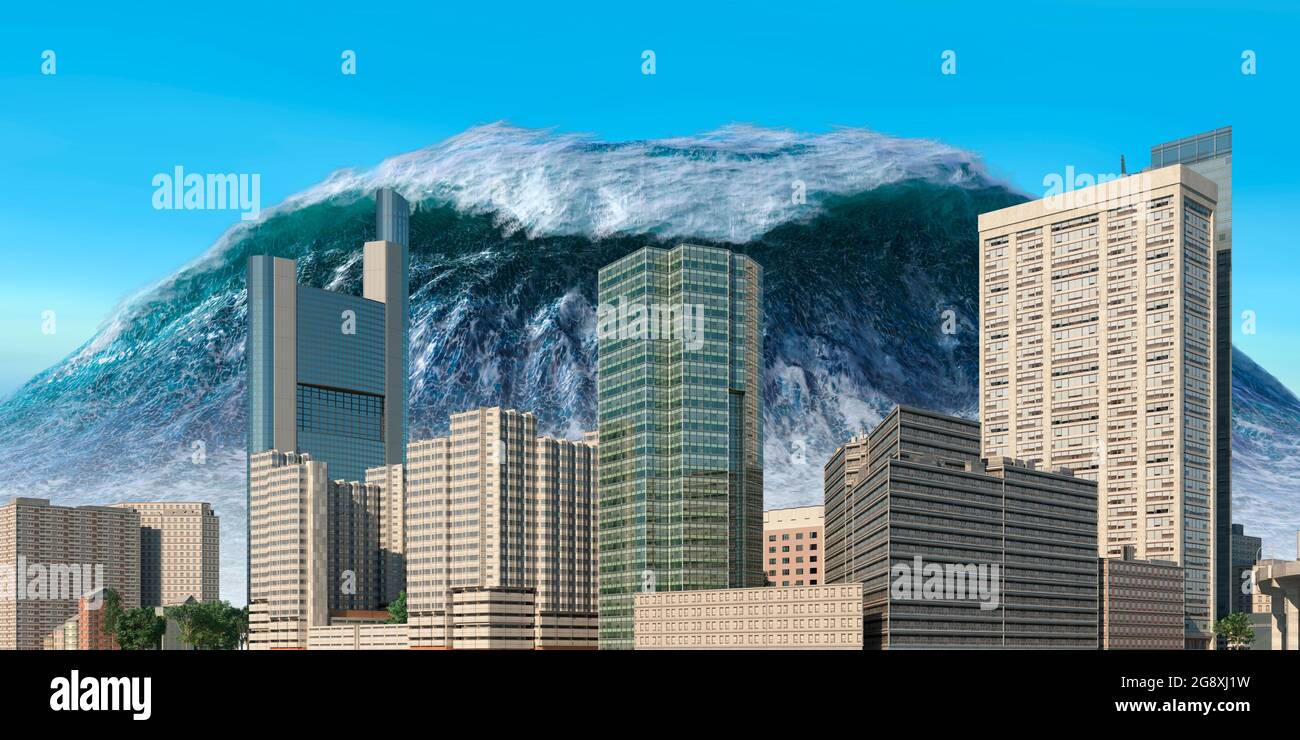 3D illustration tsunami wave apocalyptic water view urban flood Storm ...