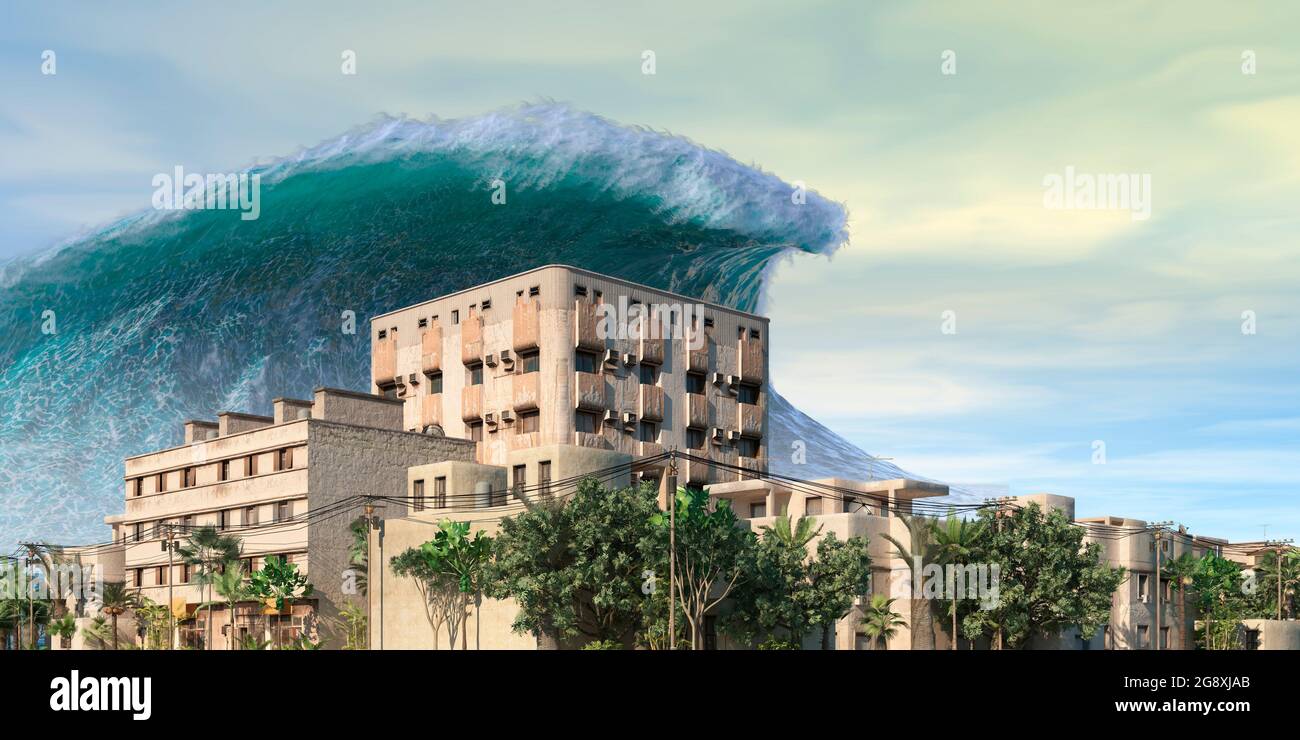 3D illustration tsunami wave apocalyptic water view urban flood Storm ...