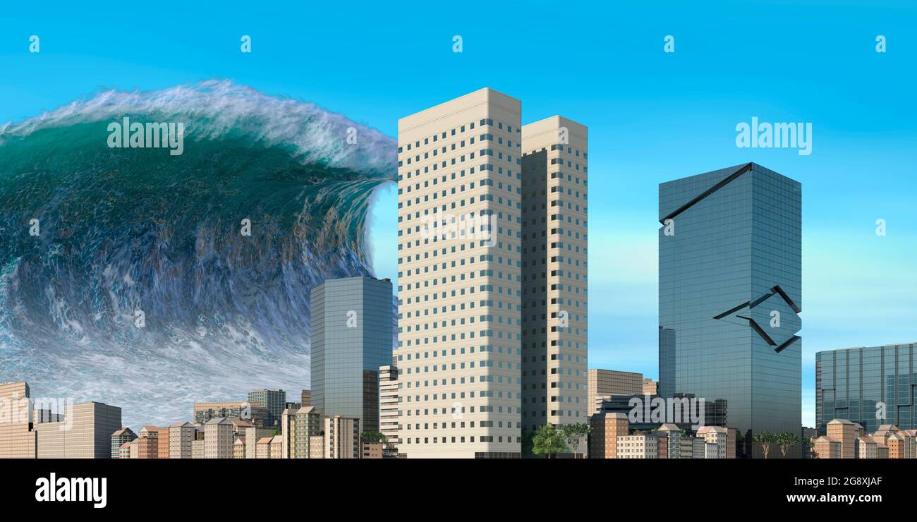 3D illustration tsunami wave apocalyptic water view urban flood Storm ...