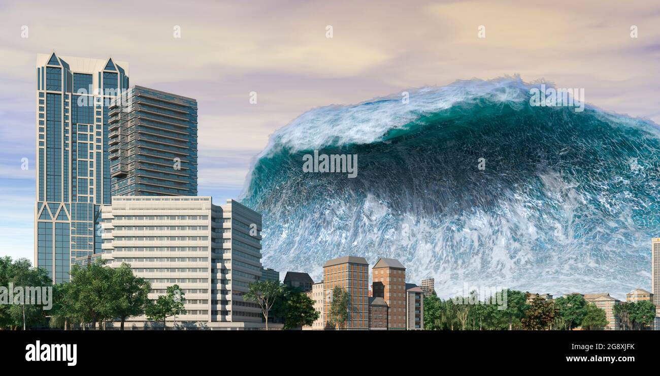 3D illustration tsunami wave apocalyptic water view urban flood Storm ...