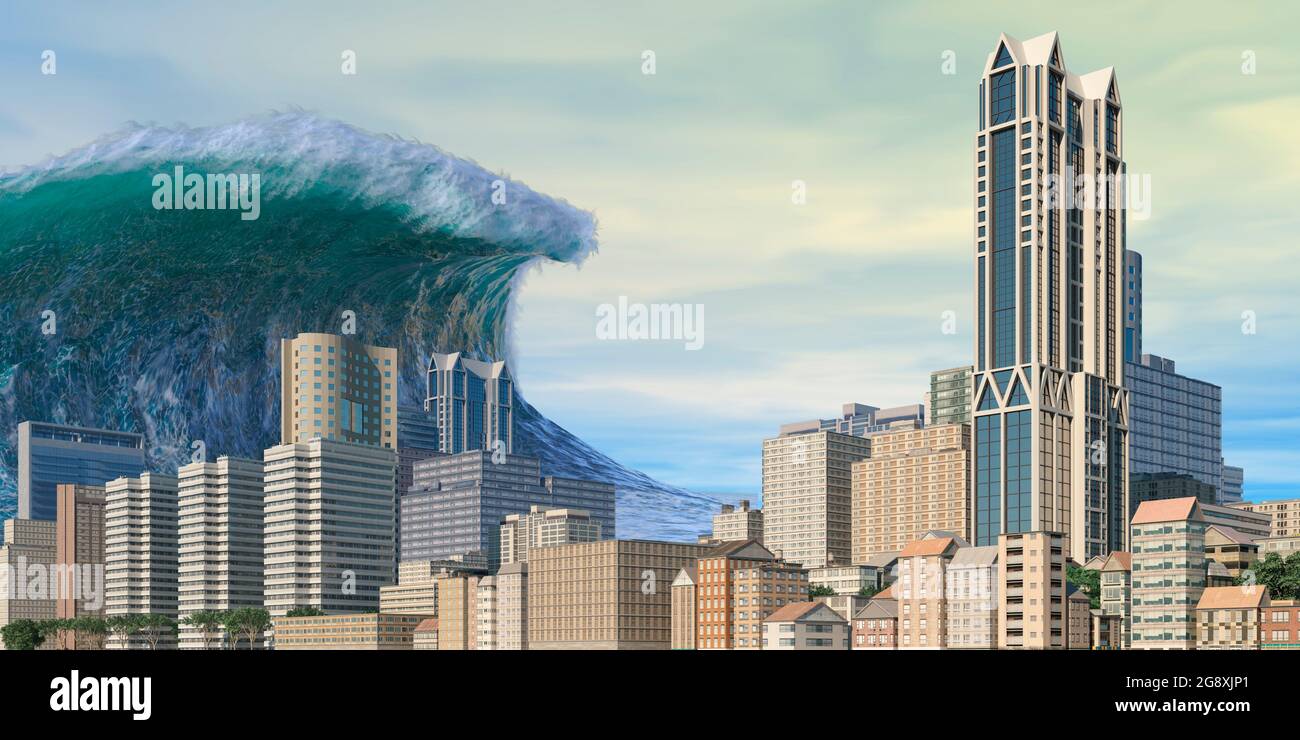 3D illustration tsunami wave apocalyptic water view urban flood Storm ...