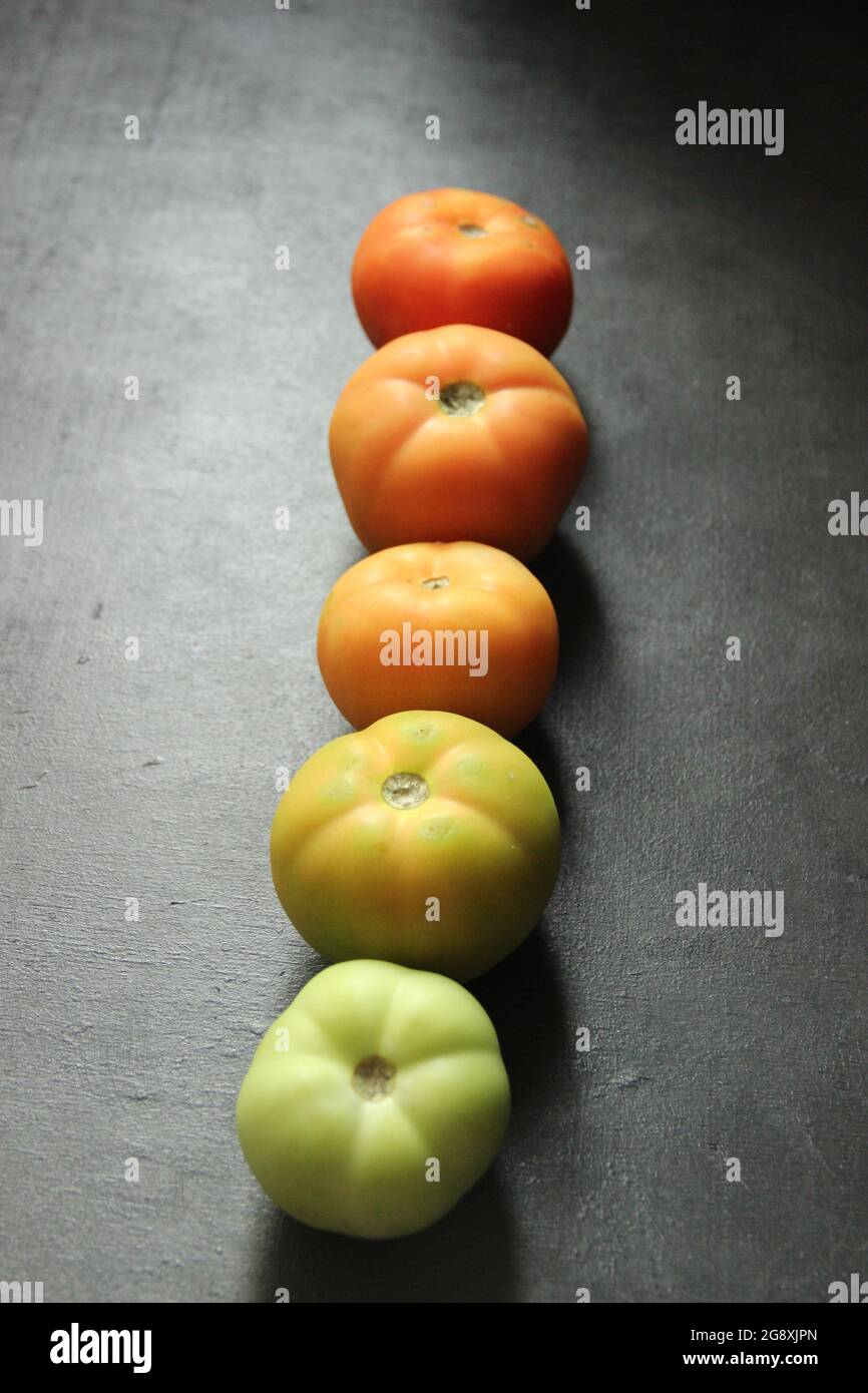 Different stages of tomatoes from all green to red Stock Photo - Alamy