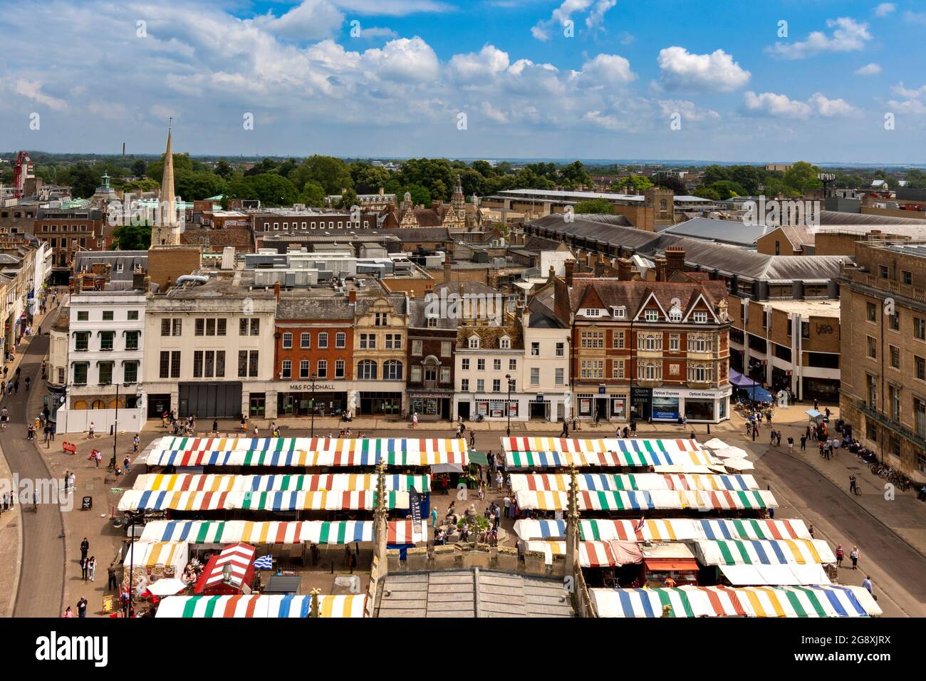 CAMBRIDGE ENGLAND THE MARKET SQUARE MARKET STREET AND COLOURED AWNINGS ...