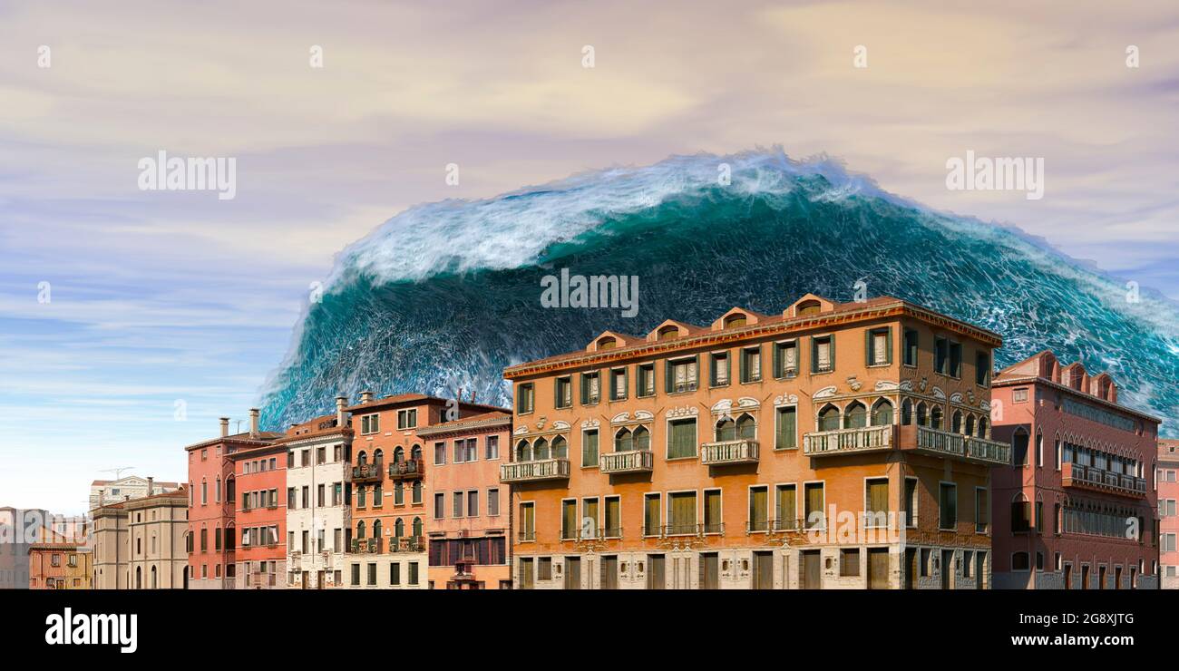 3D illustration tsunami wave apocalyptic water view urban flood Storm ...