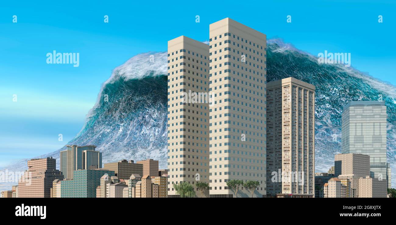 3D illustration tsunami wave apocalyptic water view urban flood Storm ...