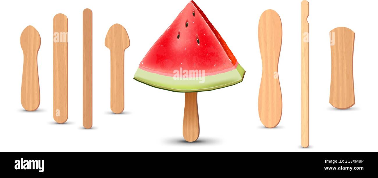 Set of realistic popsicle sticks. Watermelon piece on popsicle stick ...