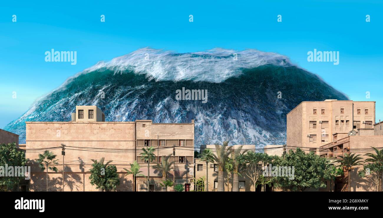 3D illustration tsunami wave apocalyptic water view urban flood Storm ...