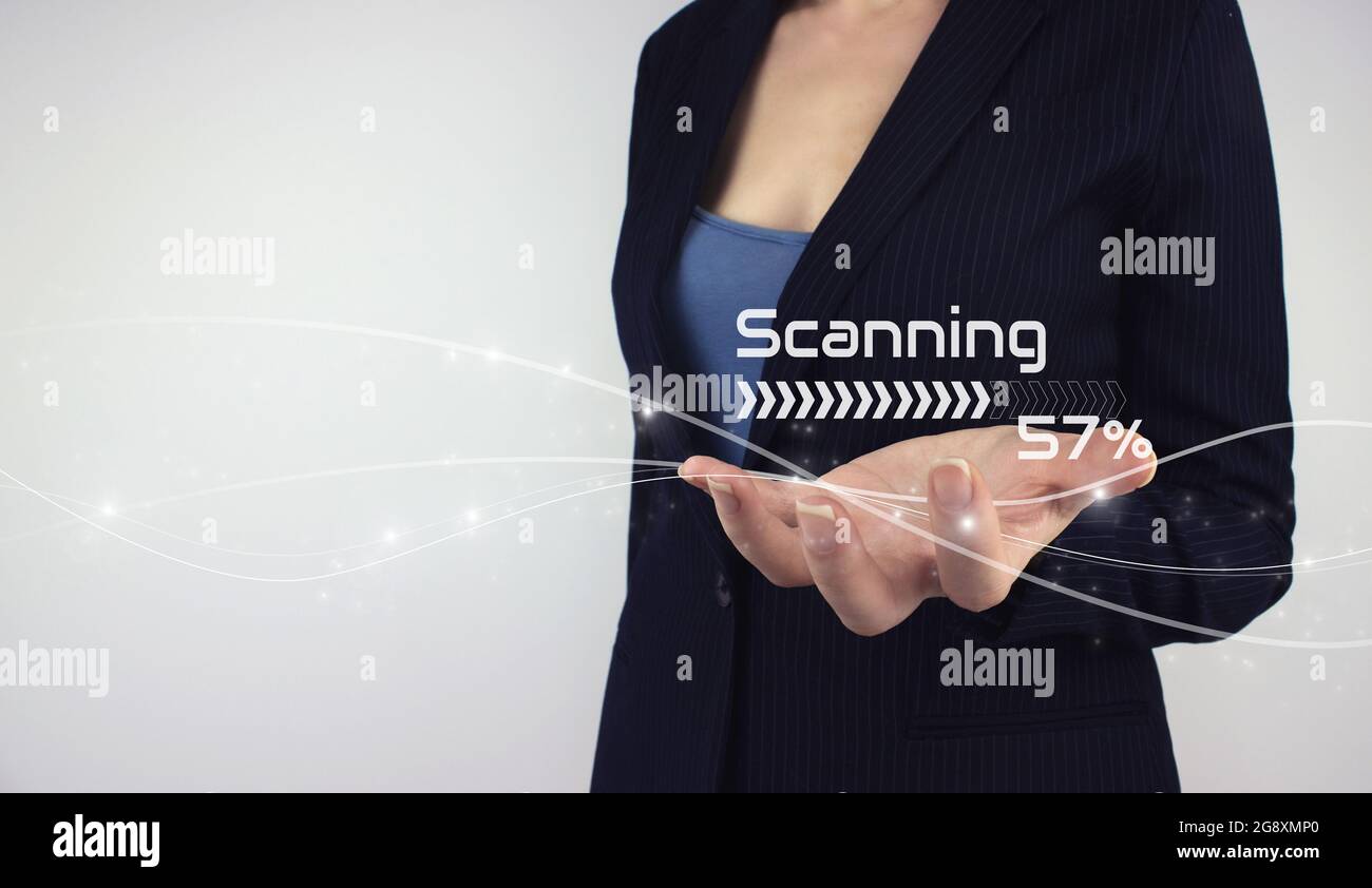 Futuristic and technological scanning concept. Hand hold digital ...