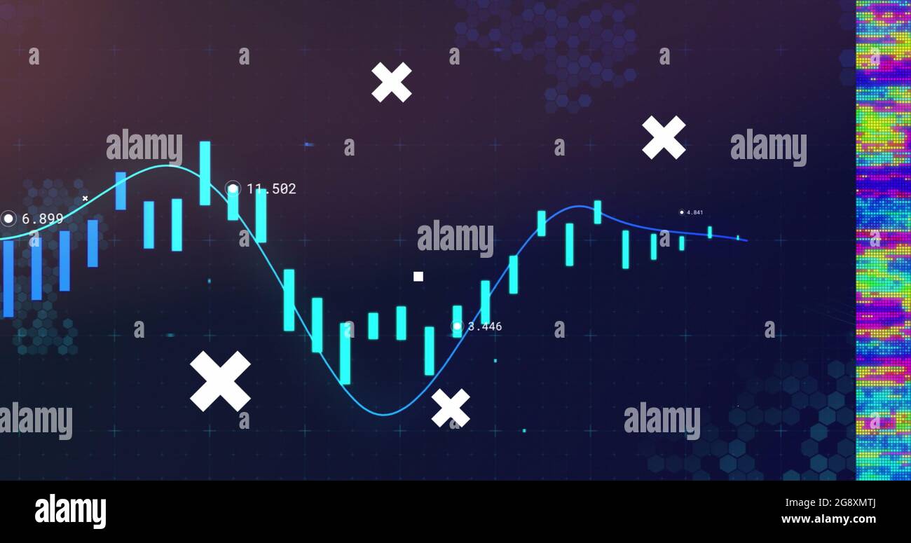 Image of white crosses over data processing, multi coloured screen and ...