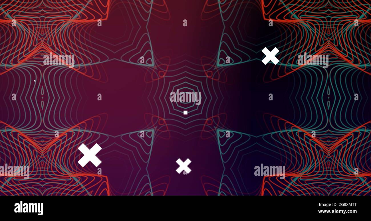 Image of white crosses over data processing, multi coloured screen and ...