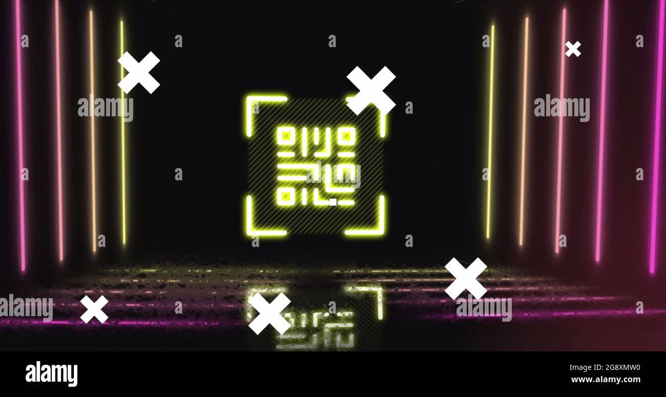 Image of white crosses over red grid, data processing on graph over ...