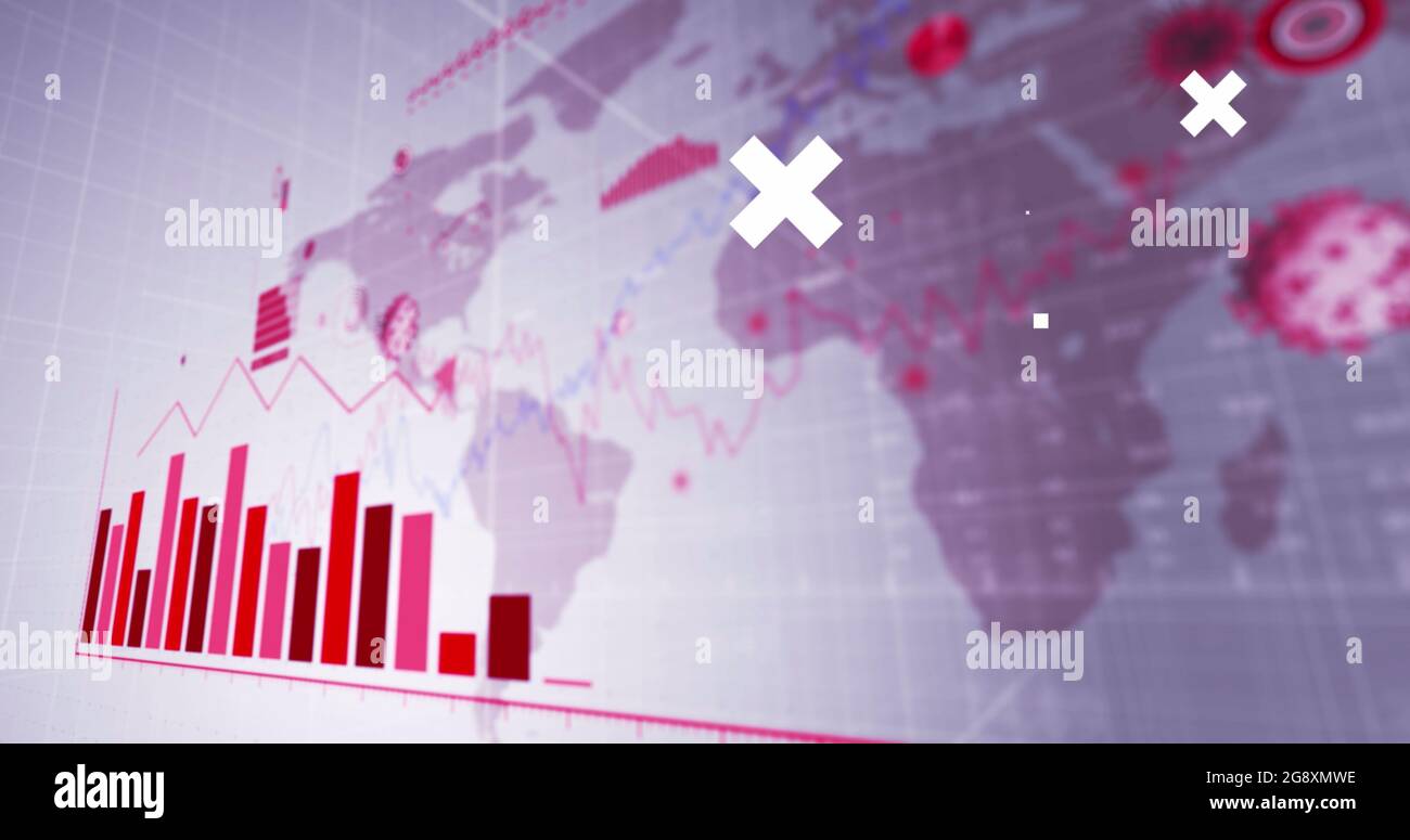 Image of white crosses over red grid, data processing on graph over ...