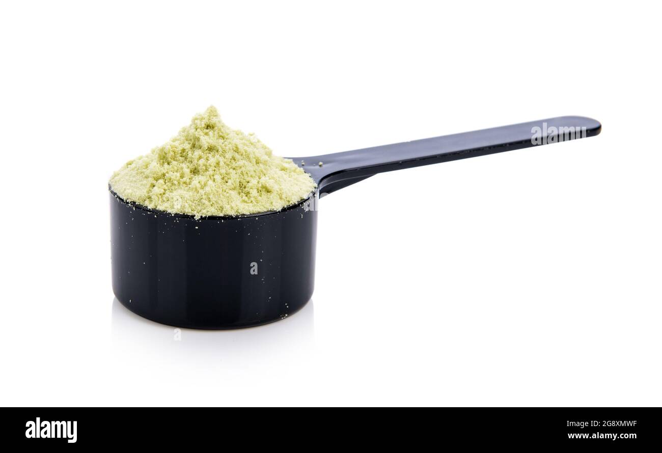 whey protein in scoop on a white background Stock Photo - Alamy