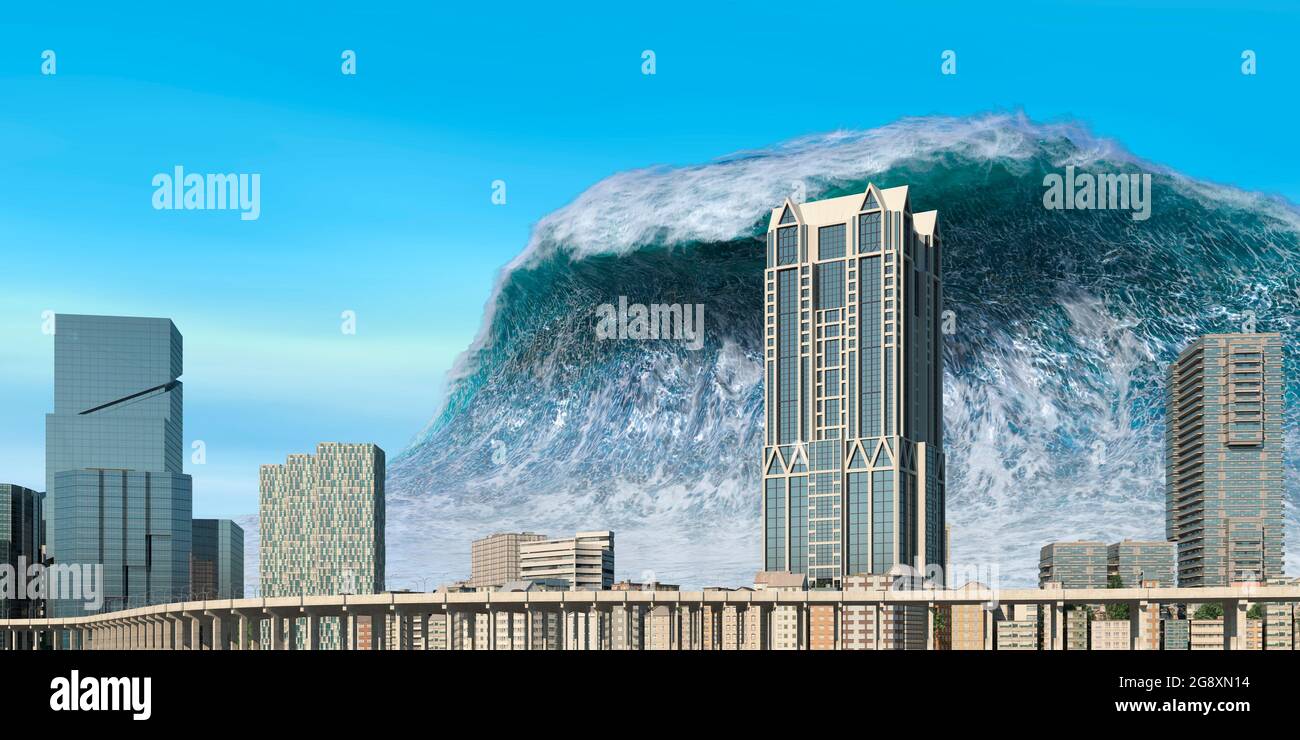 3D illustration tsunami wave apocalyptic water view urban flood Storm ...