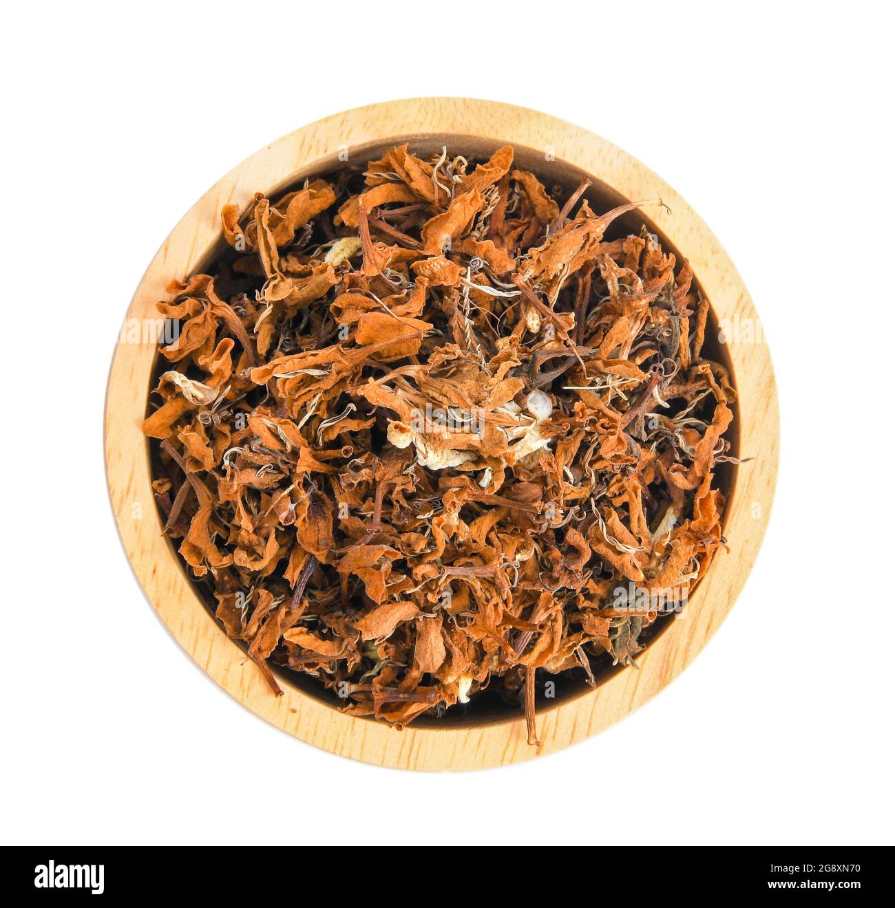 dry coffee flower tea in wood bowl on white background. top view Stock ...