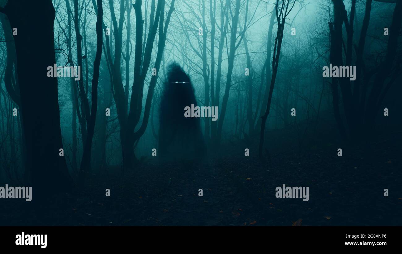 A supernatural concept. Of a ghost with glowing eyes floating above the ...