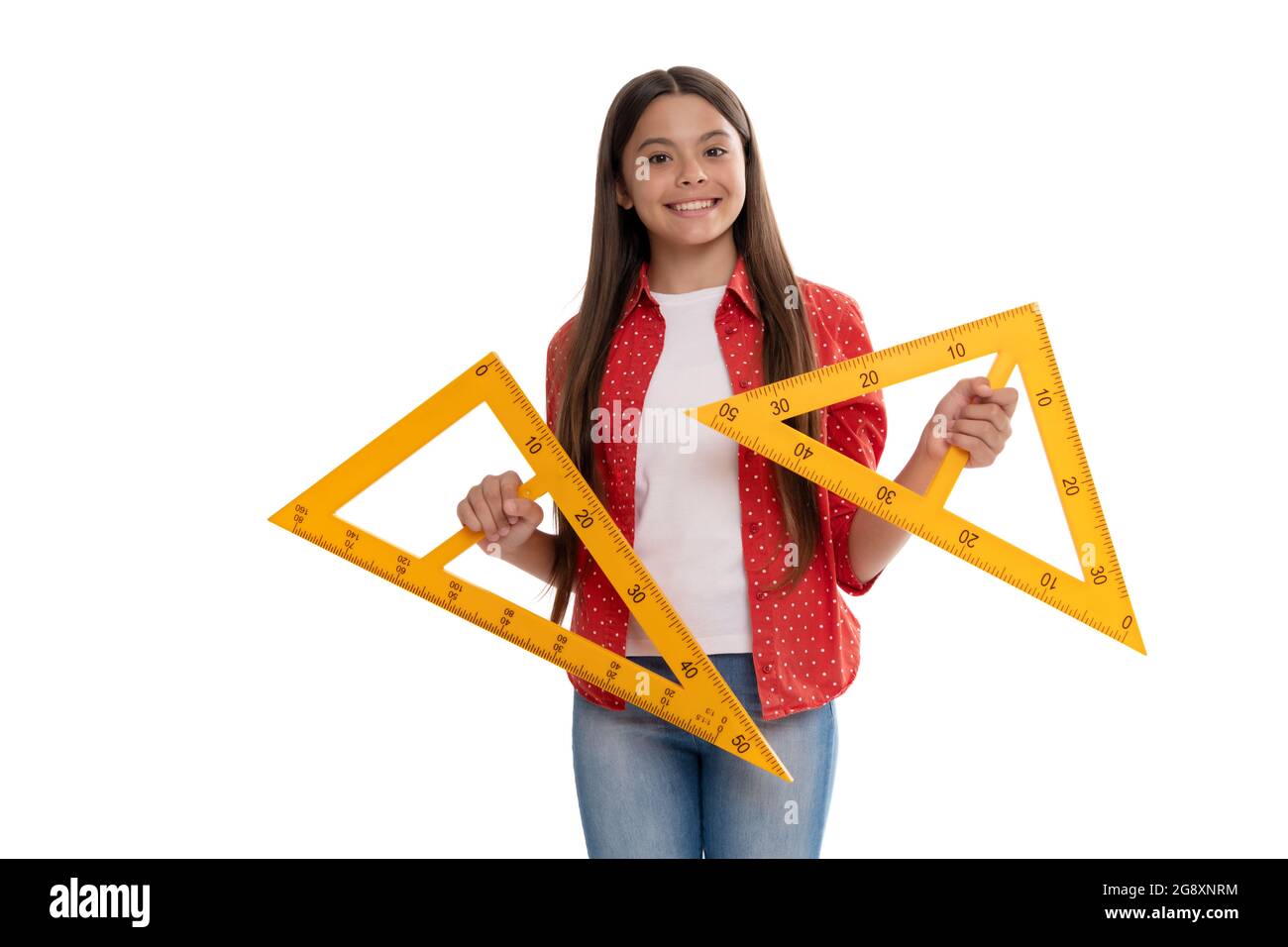 happy kid hold triangle ruler study geometry at school isolated on ...