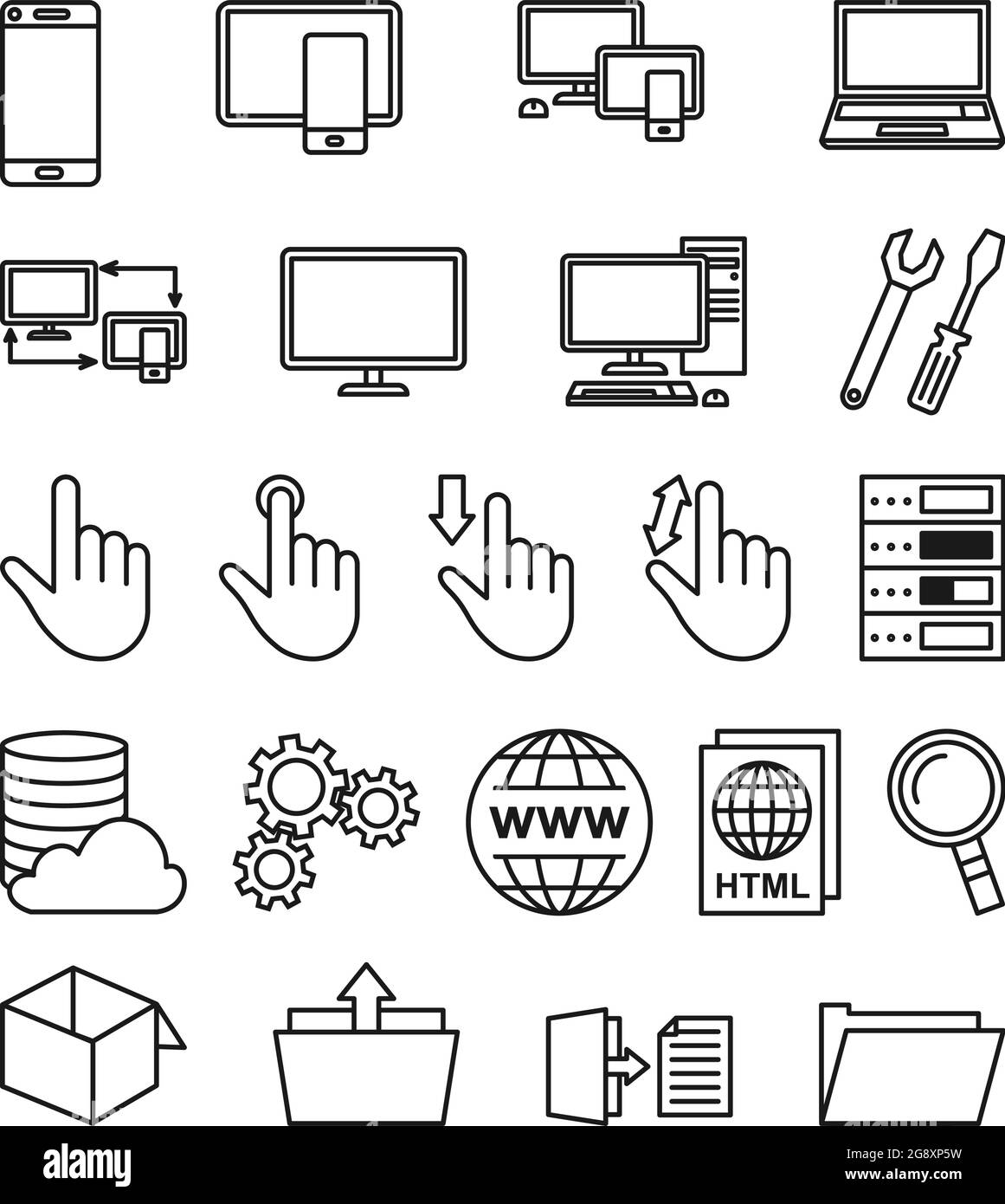 Line art black and white technology themed 22 icon collection ...