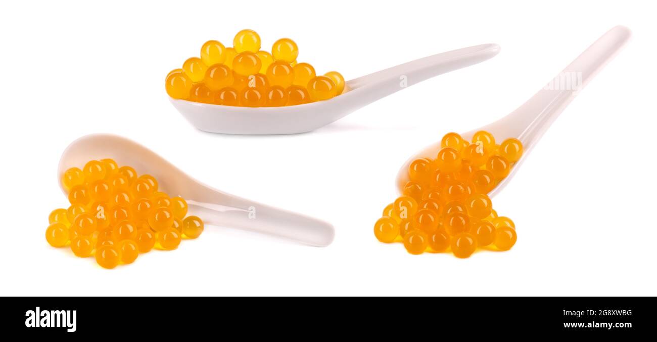 Yellow tapioca pearls for bubble tea isolated on white background ...