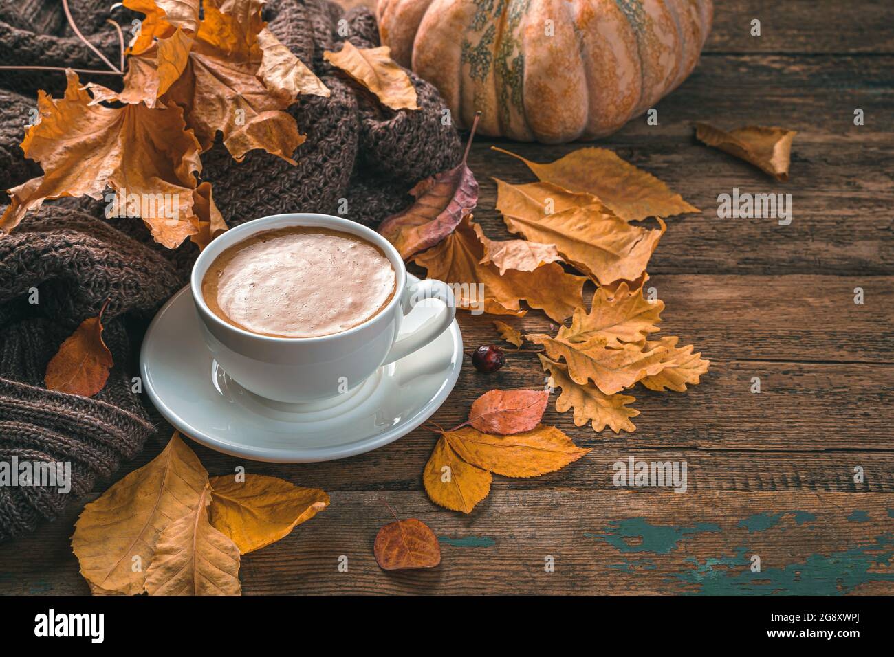 Autumn composition with coffee, foliage, pumpkin and a sweater on a ...