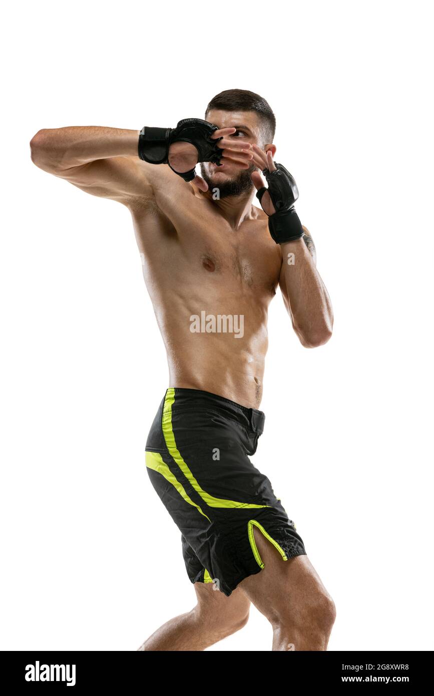 Portrait of professional male MMA boxer practicing isolated on white ...
