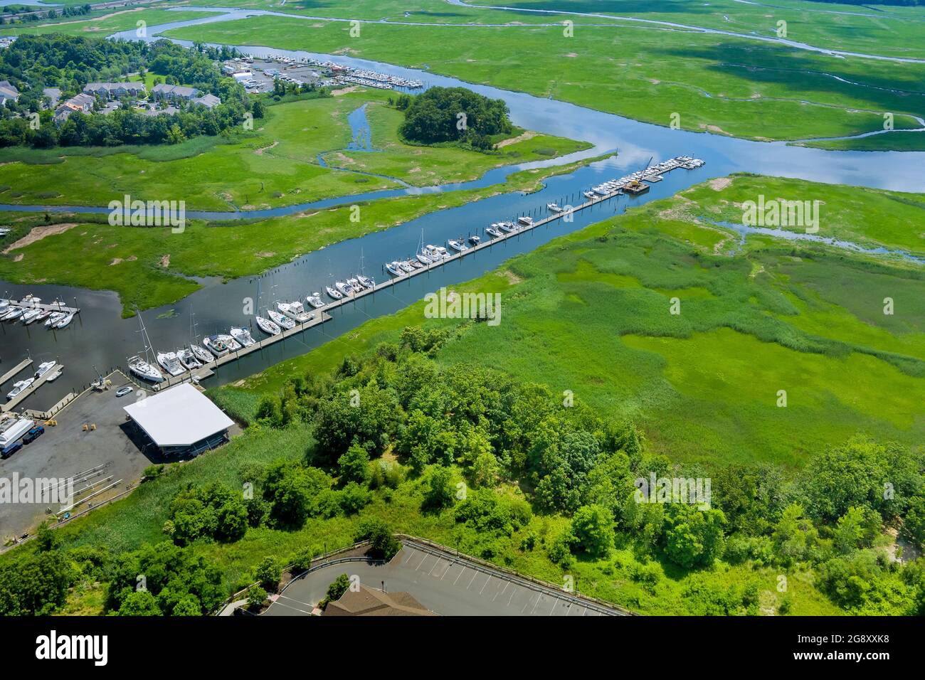 Aerial panoramic view harbour doc for many boat on floating near the ...