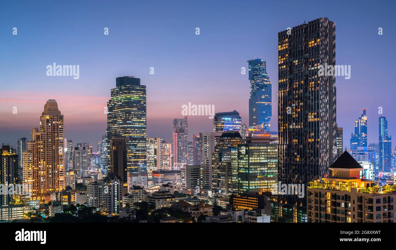 Bangkok City - Aerial view beautiful sunset Bangkok city tower downtown ...