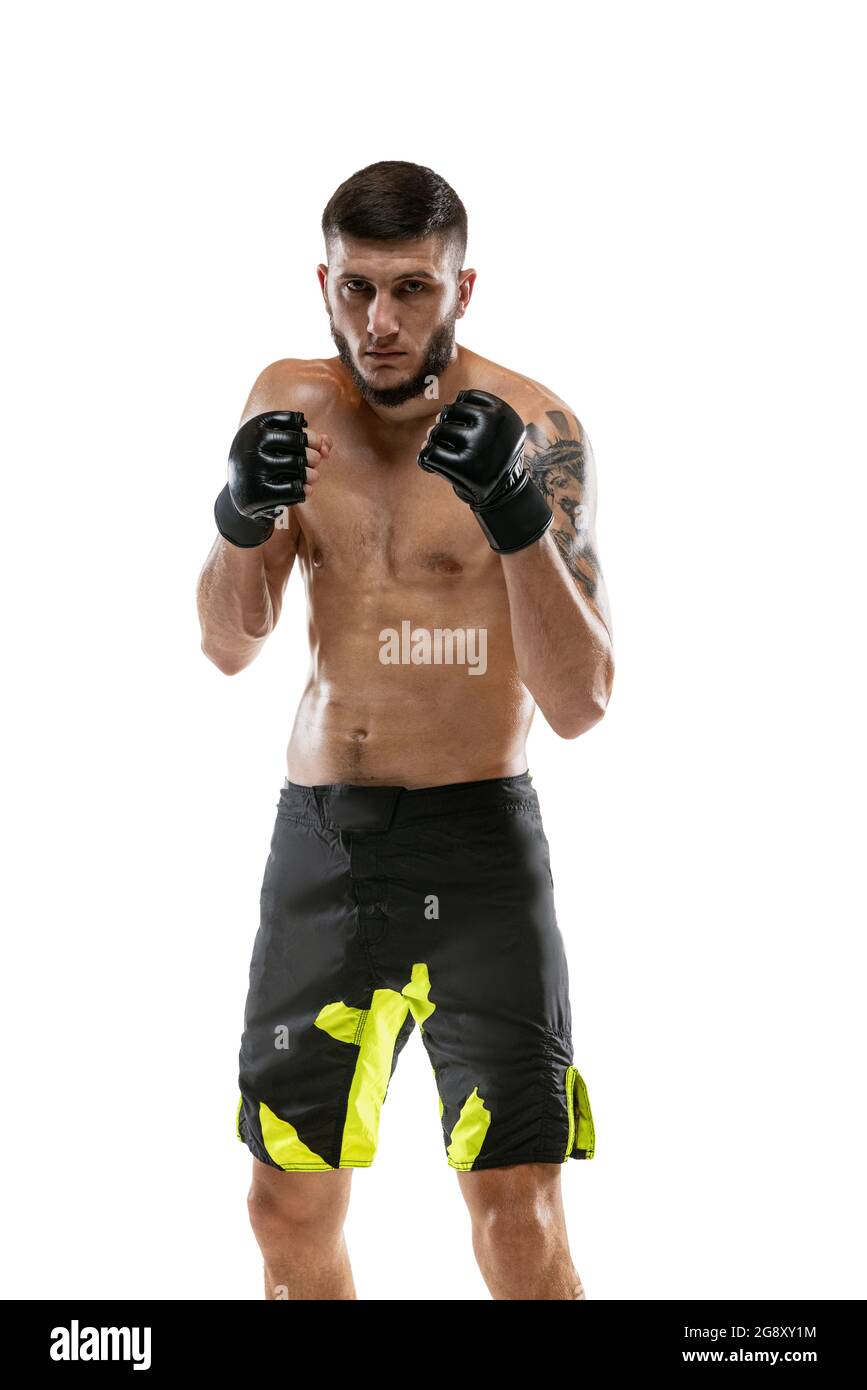 Portrait of professional male MMA boxer practicing isolated on white ...