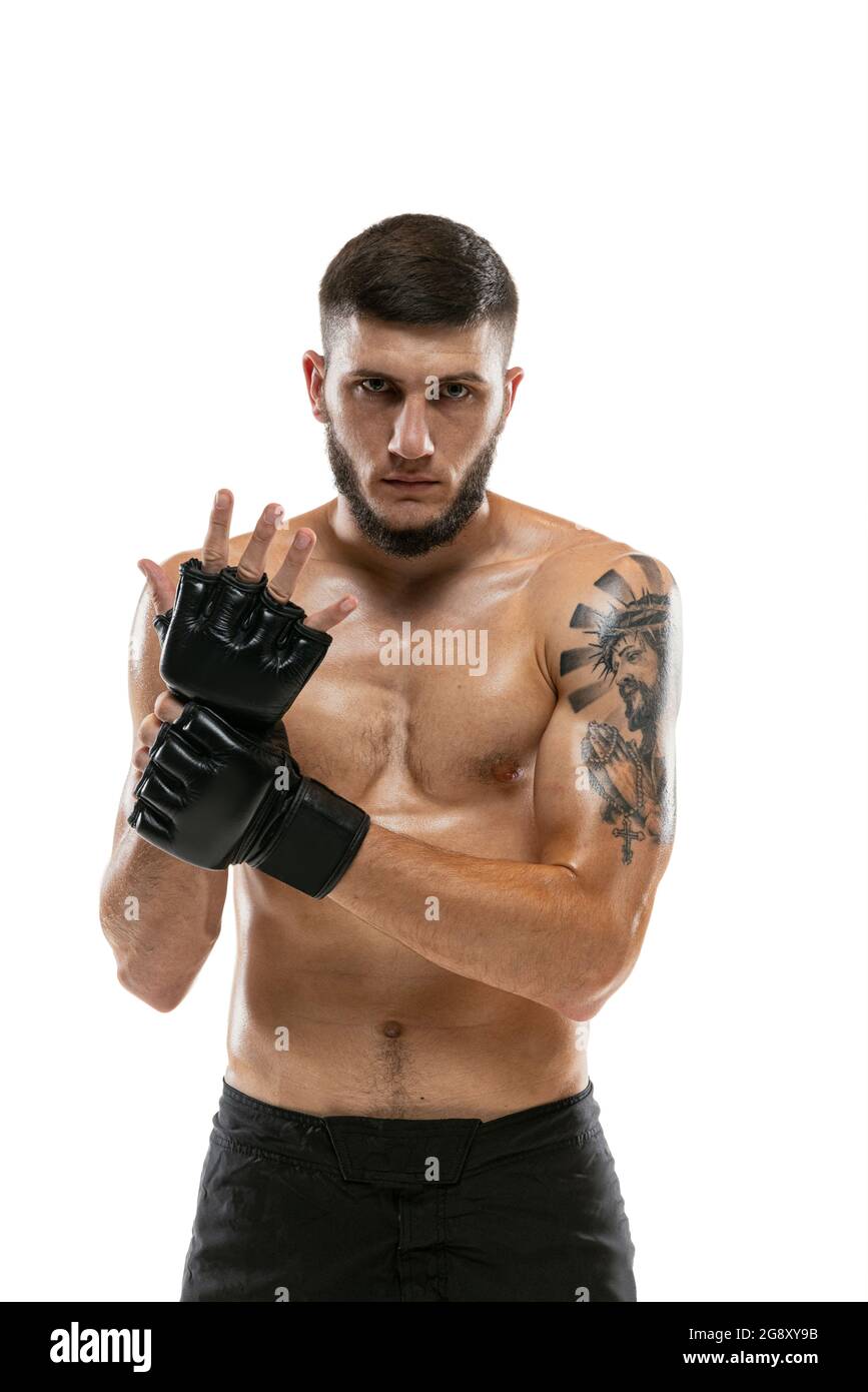 Close-up portrait of Caucasian athlete, professional male MMA boxer ...