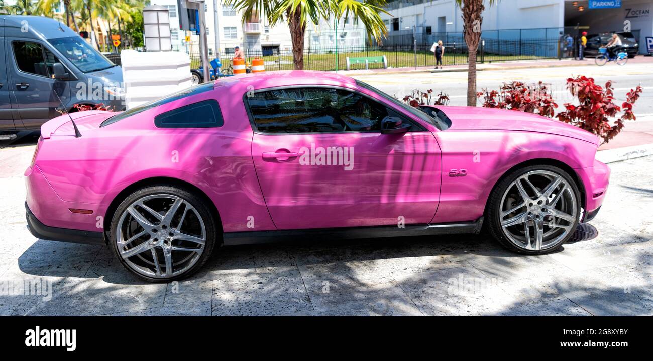 Los Angeles, California USA - April 14, 2021: pink ford mustang GT ...