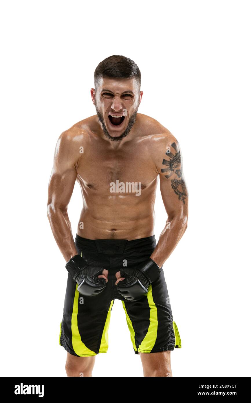 Close-up portrait of Caucasian athlete, professional male MMA boxer ...