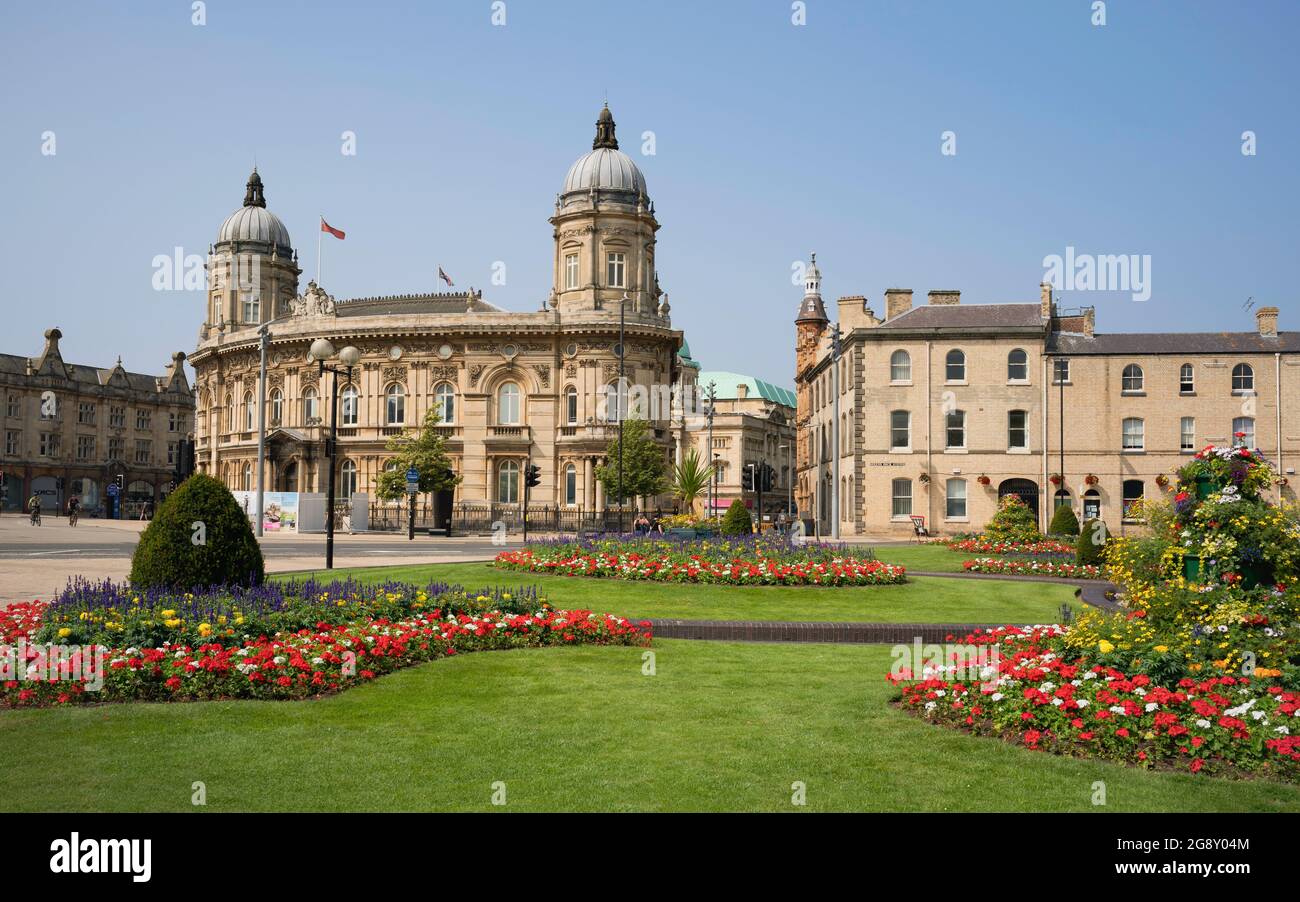 HULL, UK - JULY 22, 2021: Queens Gardens with grass and flowers and ...